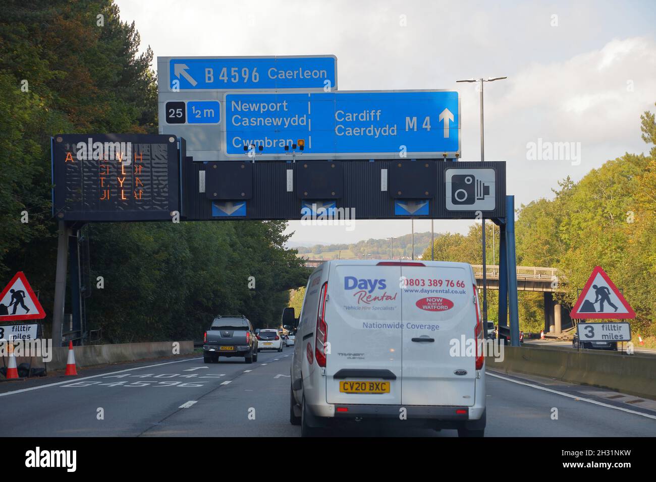Journeying along the M4 Motorway towards Cardiff with an overhead ...