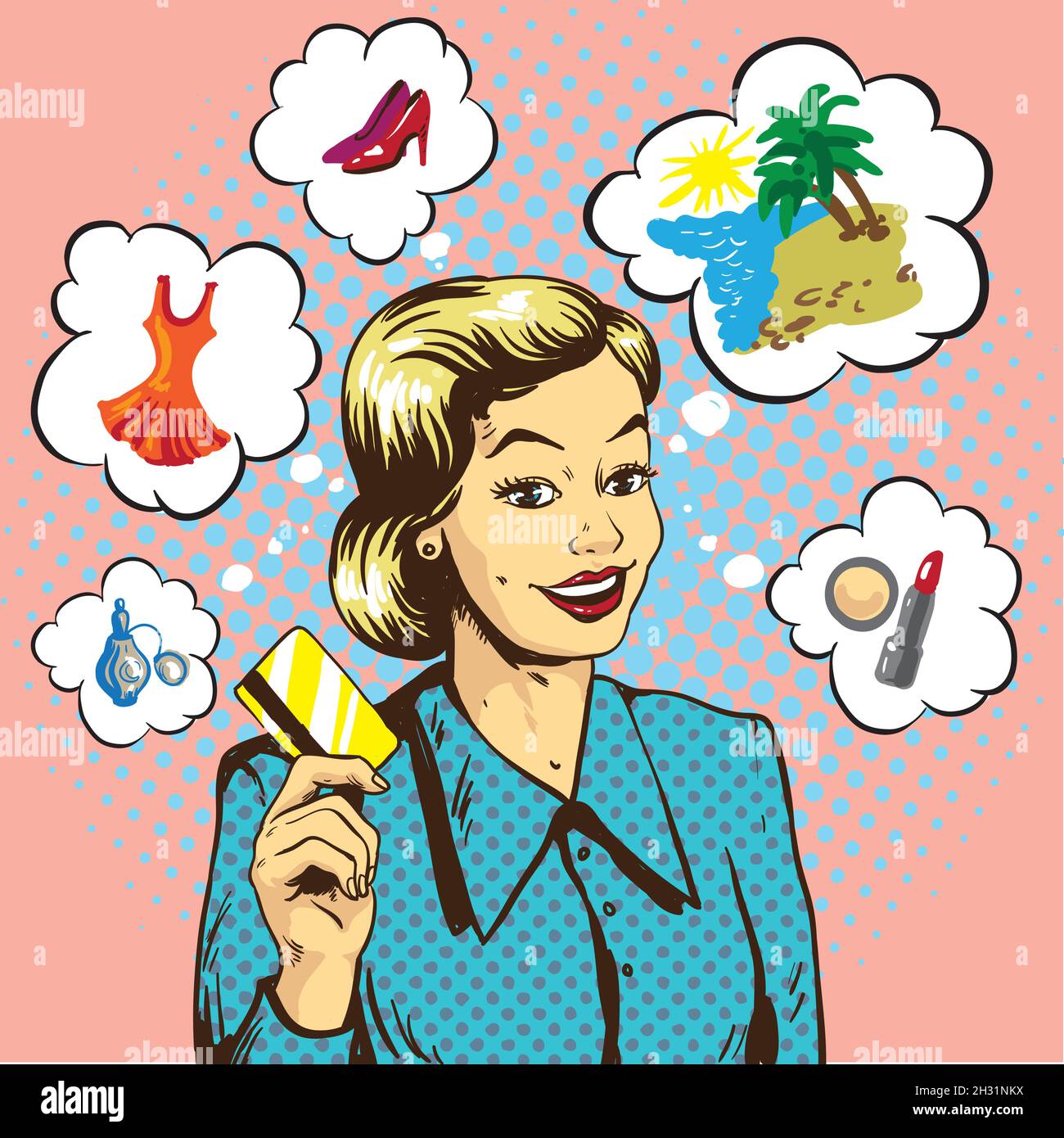 Woman holding credit card vector illustration in retro pop art style ...