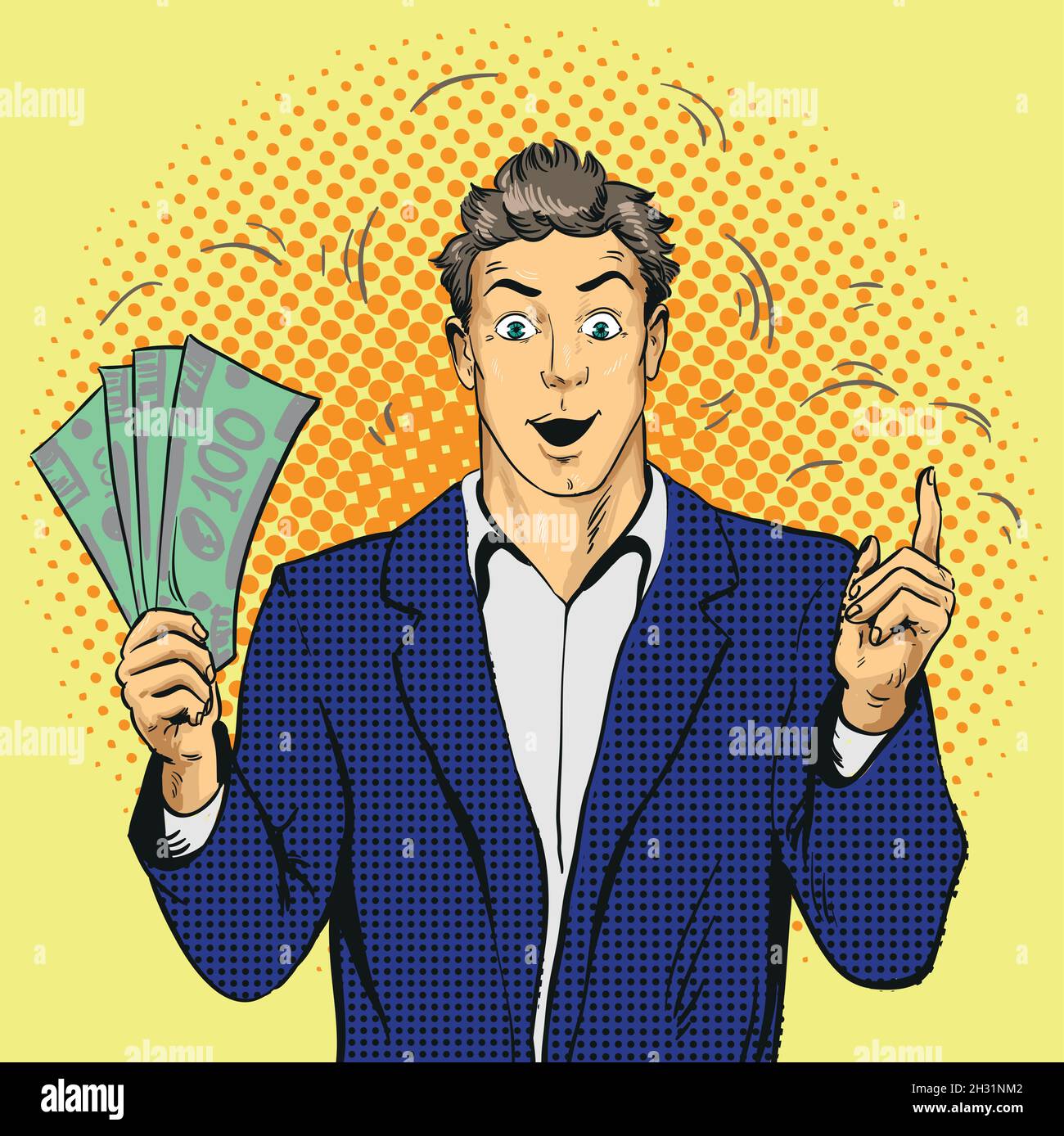 Rich handsome guy hold money and point his finger up. Business concept ...