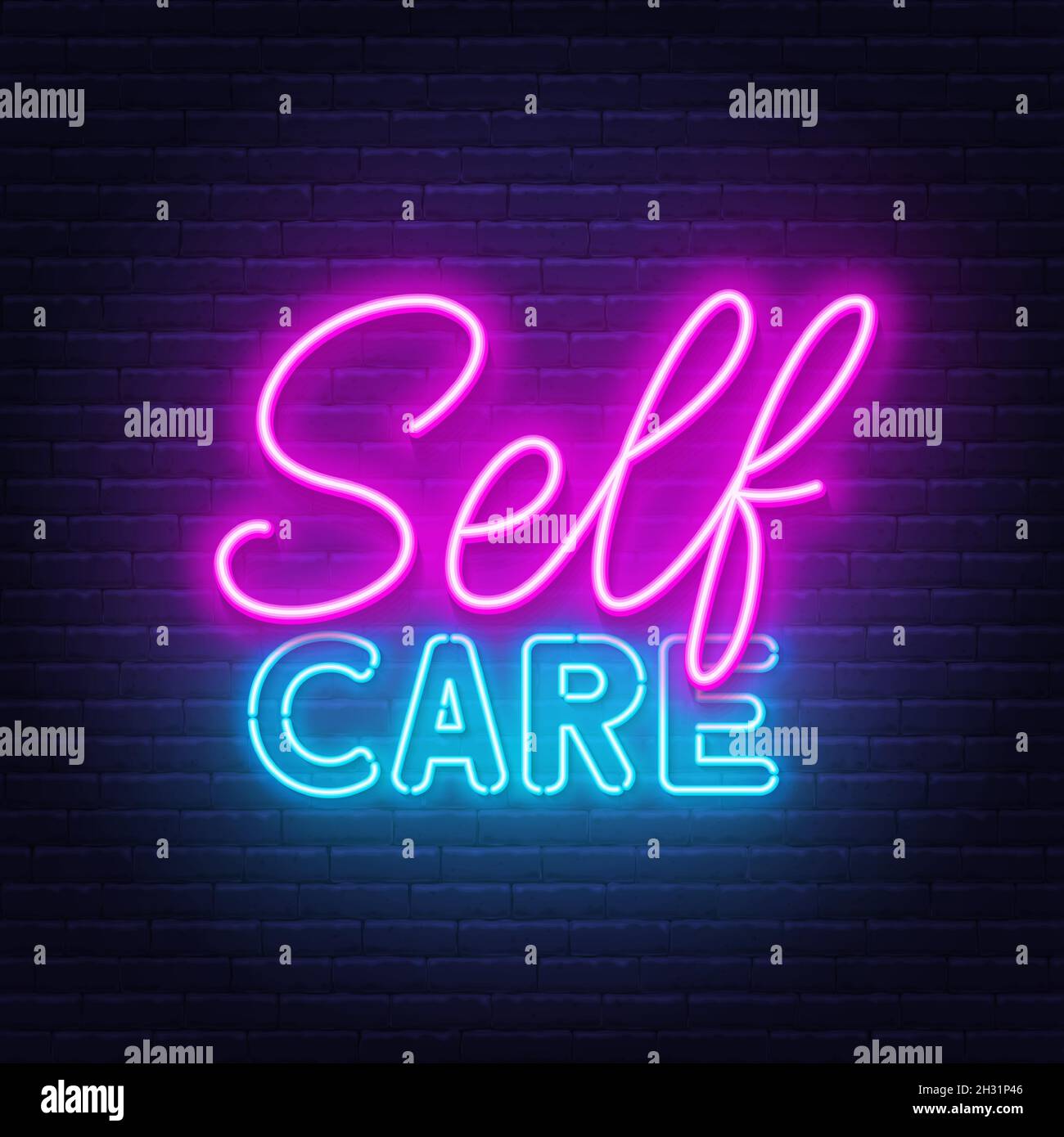Self care neon sign on brick wall background. Vector illustration Stock ...
