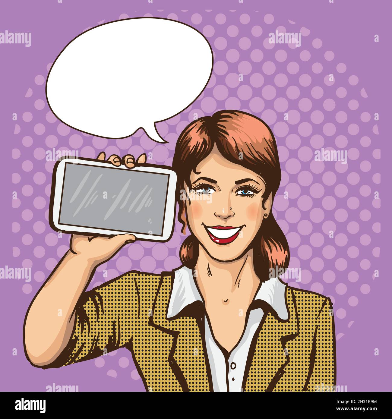 Beautiful woman with smart phone comic pop art vector illustration ...