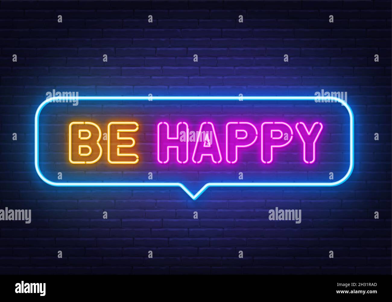 Be happy neon lettering on brick wall background. Vector illustration ...