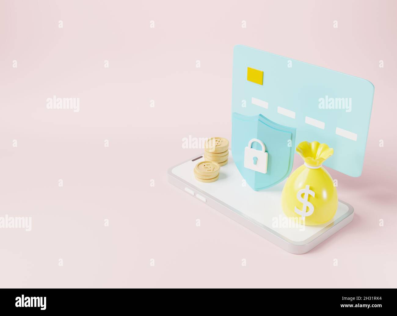 Secure mobile banking with credit card and lock shaped icon on pink ...