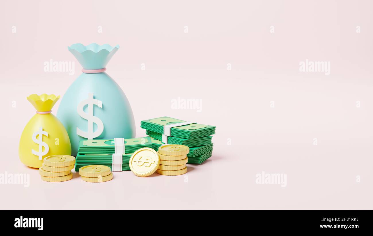 Money bag with stack coins and dollar banknote icon, moneybag savings ...