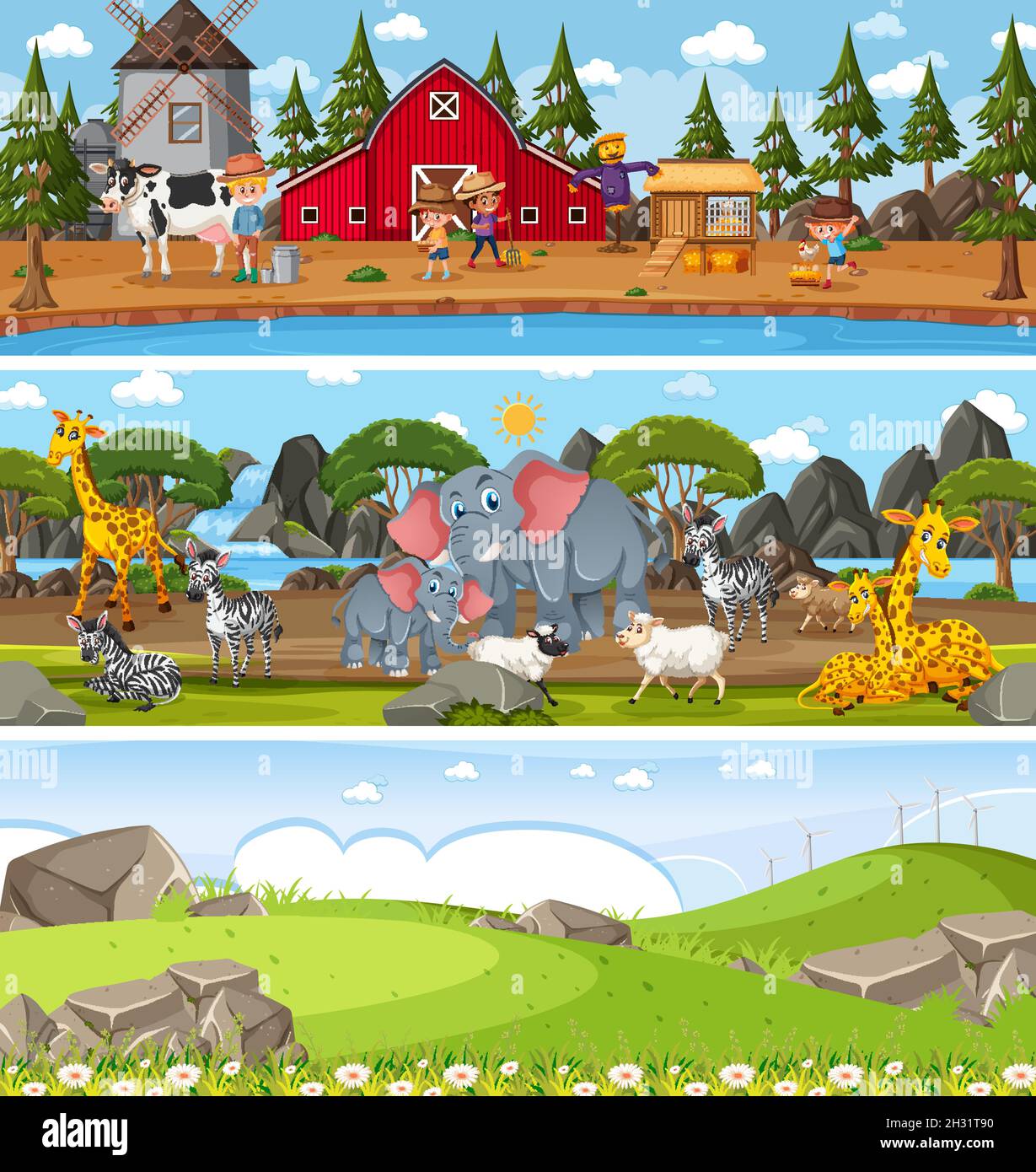 Set of different nature landscape at daytime scene with cartoon ...
