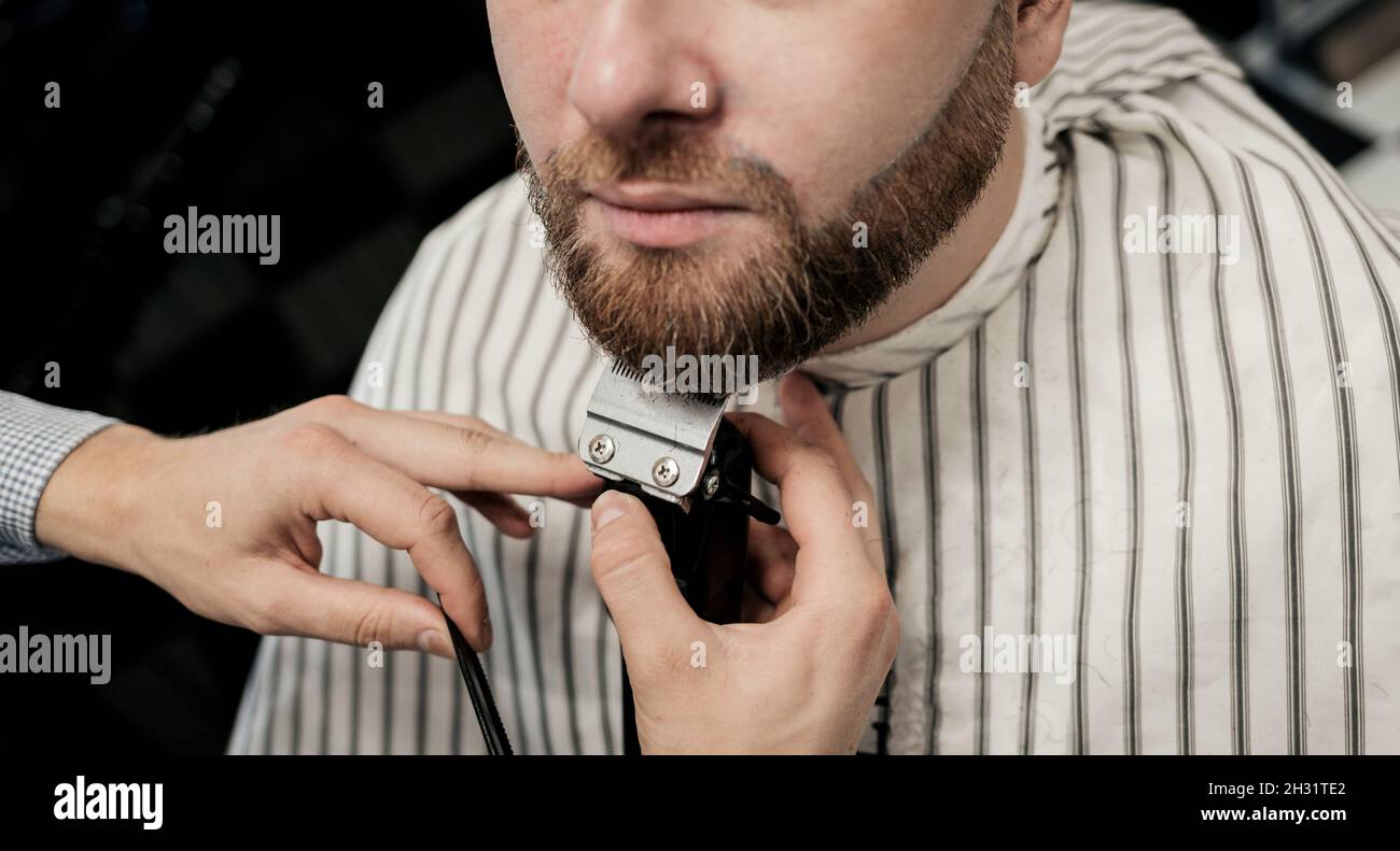 Cutting beard in a barbershop. The process of creating a hairstyle and ...