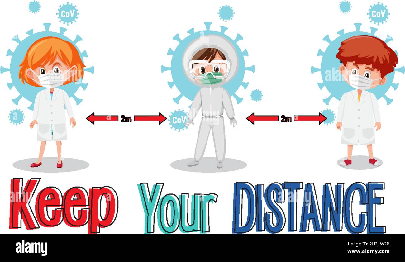 Keep your distance banner with many doctors cartoon character ...