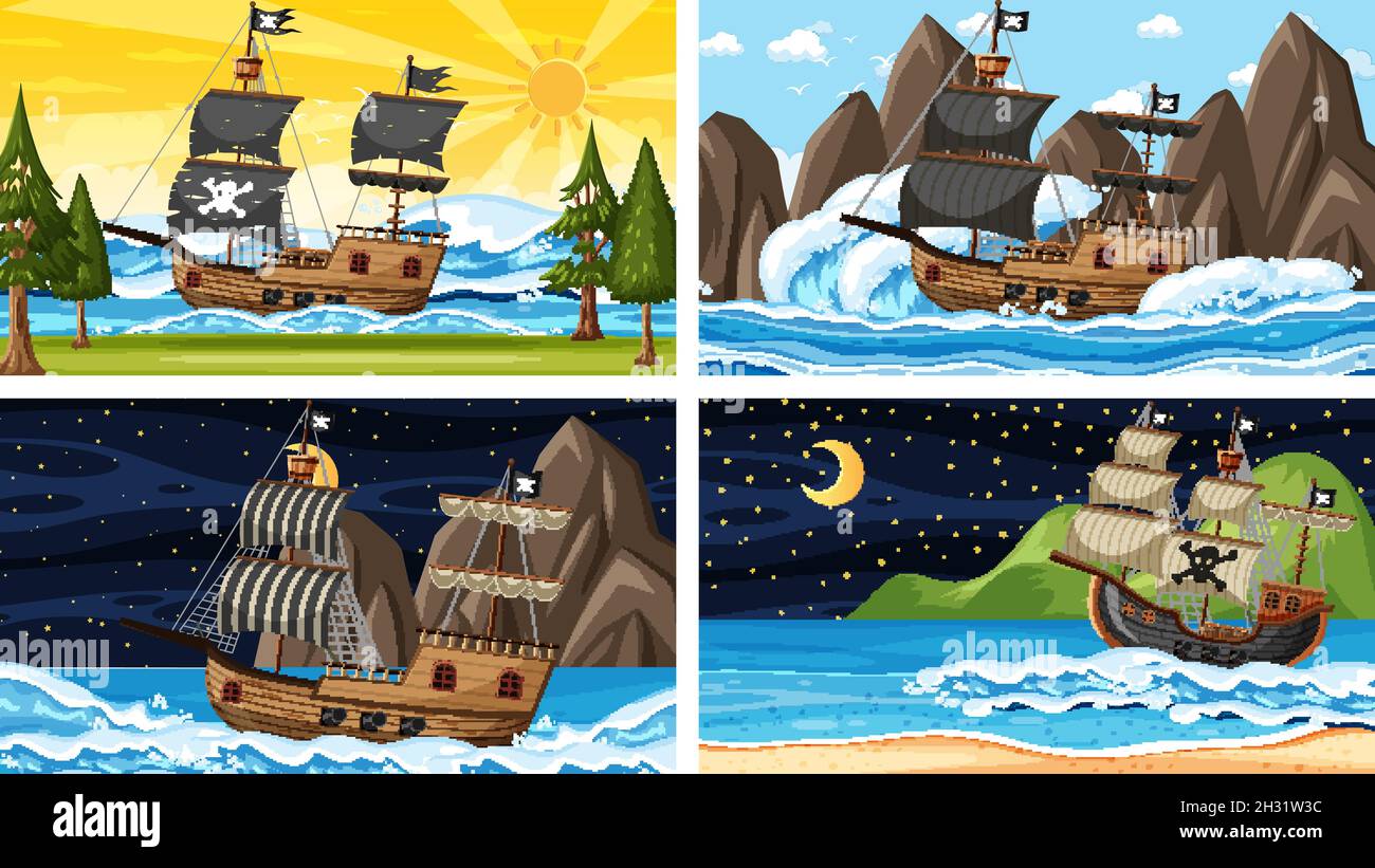 Set of ocean scenes at different times with Pirate ship in cartoon ...