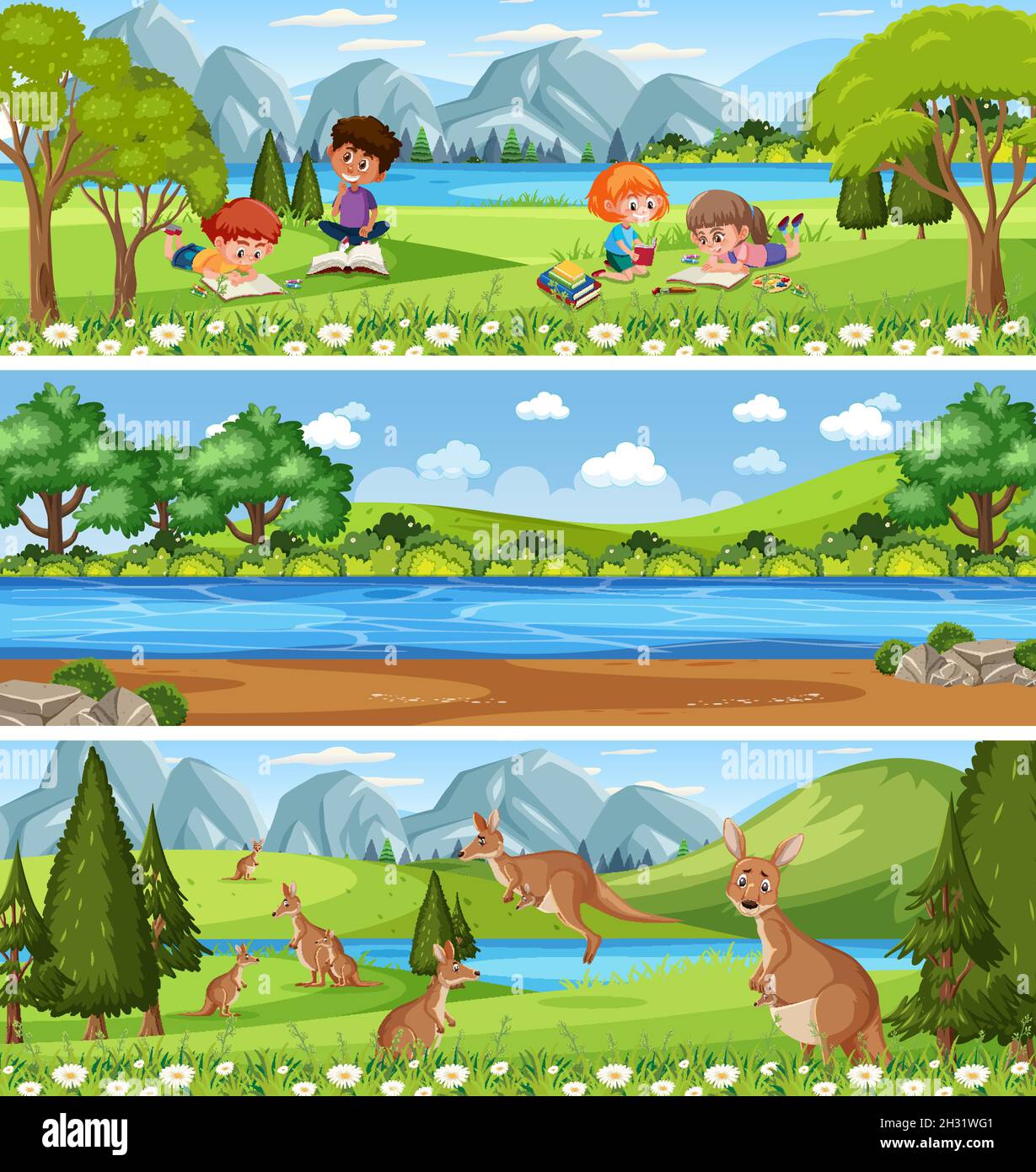 Outdoor panorama landscape scene set with cartoon character ...
