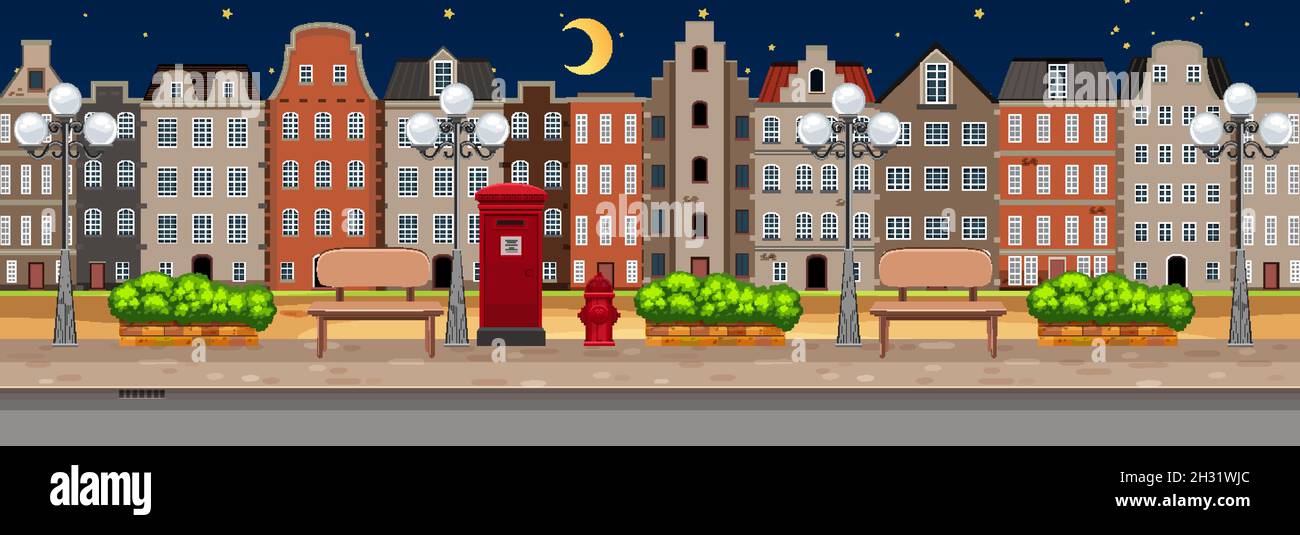 Street horizontal scene at night with many buildings background ...