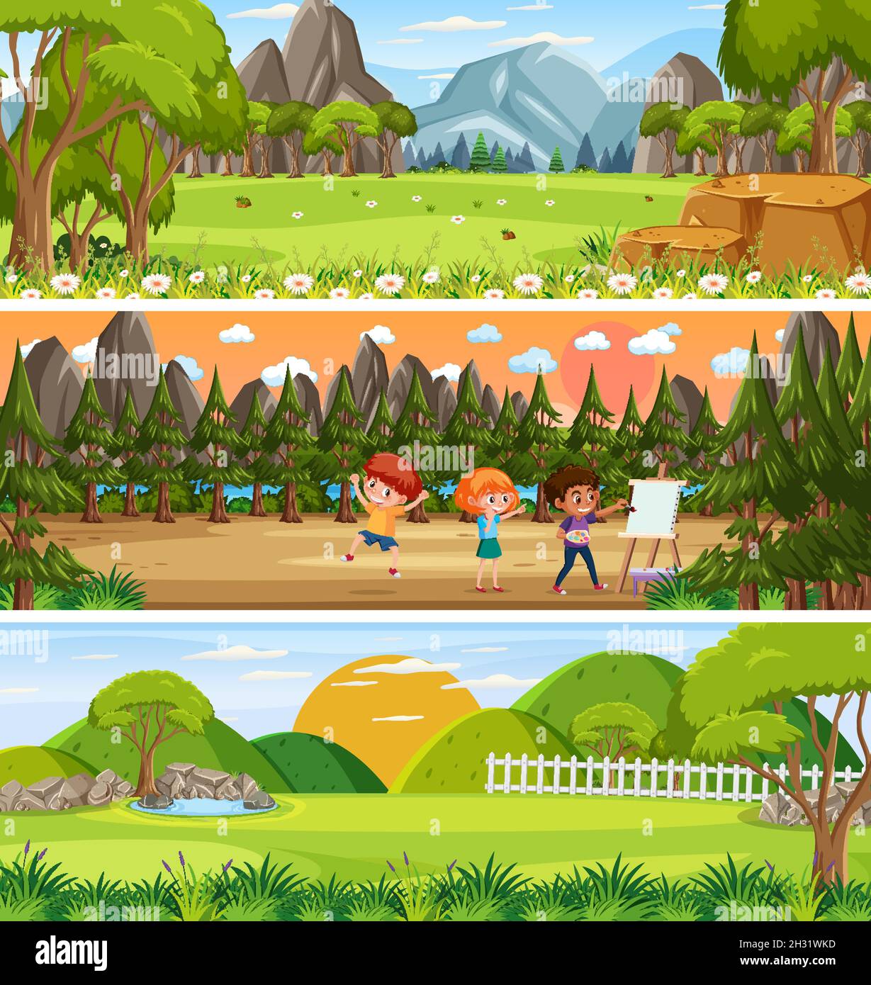 Panoramic nature landscape scene set with cartoon character ...