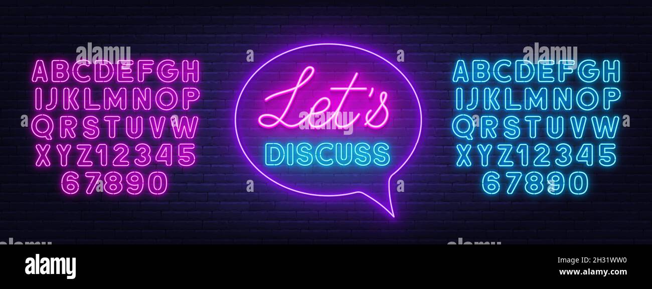 Neon sign Let s Discuss in the speech bubble on brick wall background ...