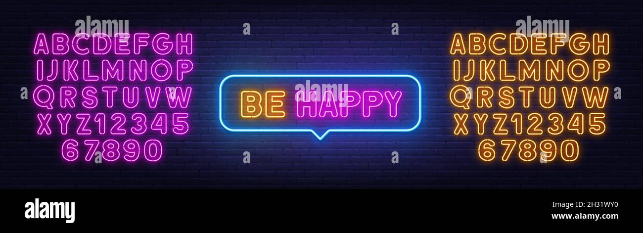 Be happy neon lettering on brick wall background. Vector illustration ...