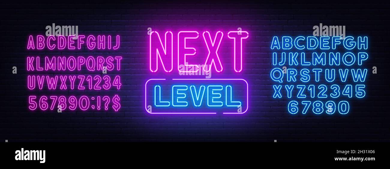 Next level neon sign on brick wall background. Neon blue and pink ...