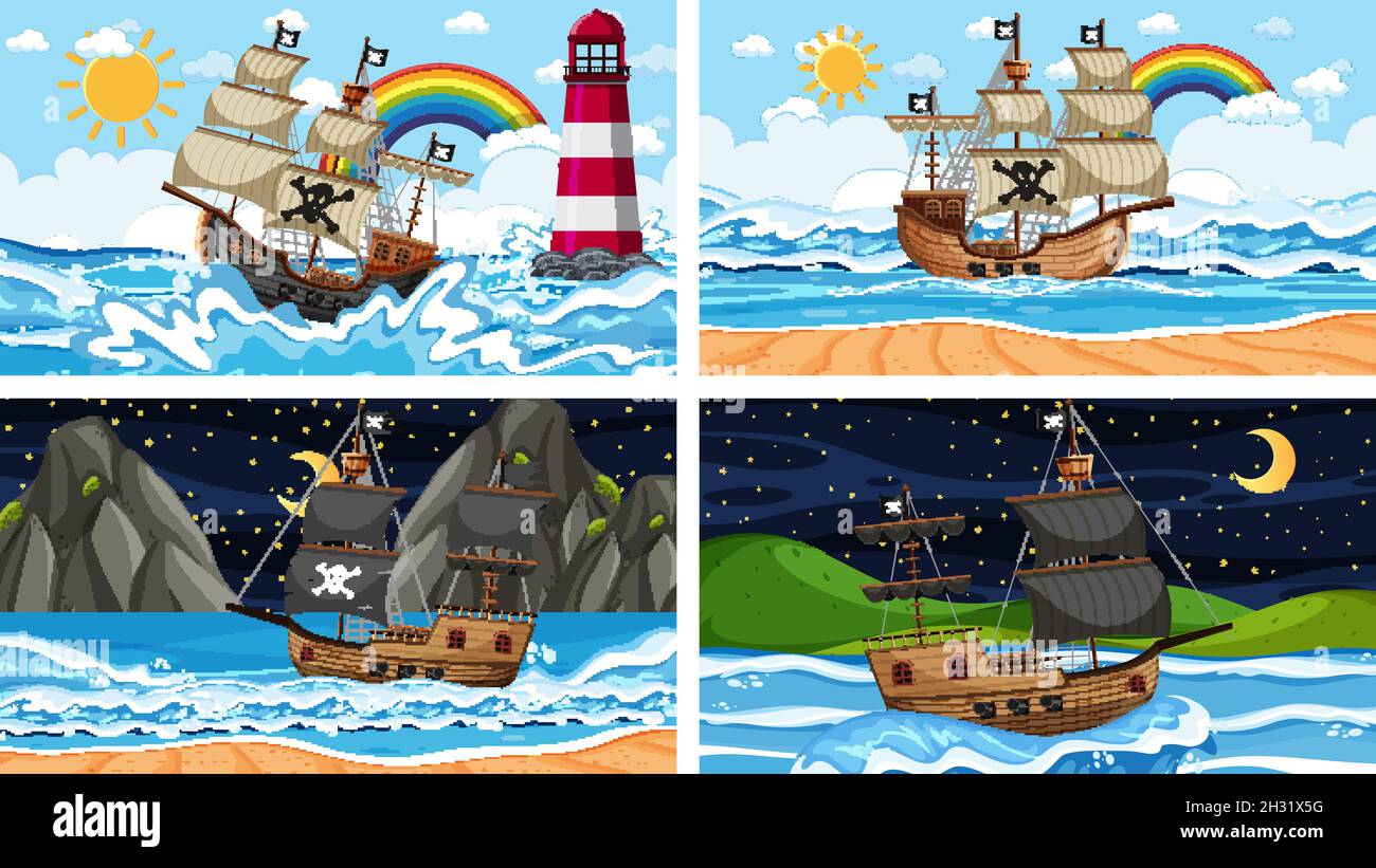 Set of Ocean with Pirate ship at different times scenes in cartoon ...