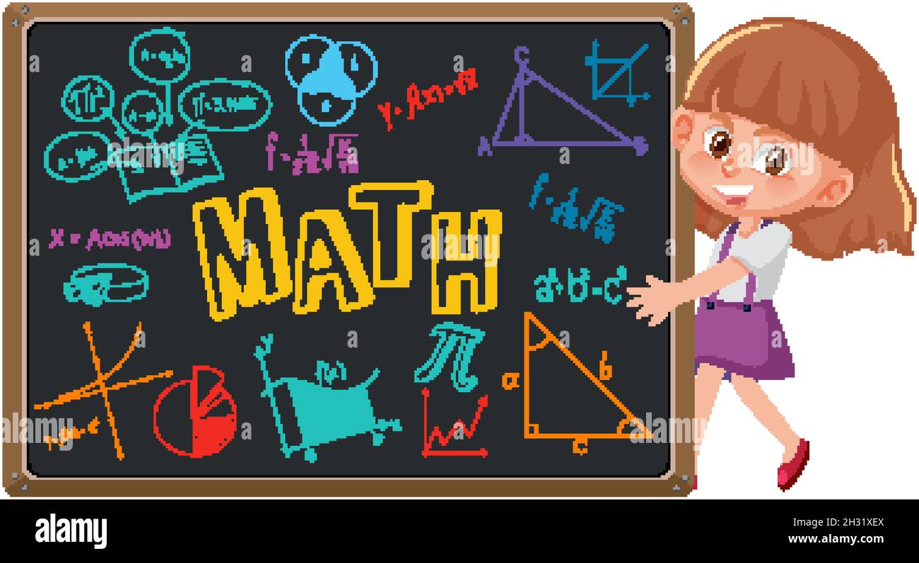 Girl with blackboard full of math symbol and icon illustration Stock ...