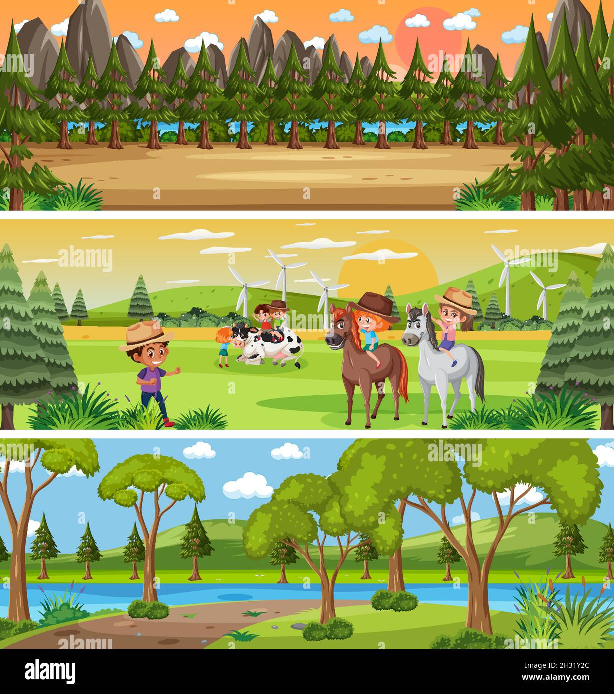 Outdoor panorama landscape scene set with cartoon character ...