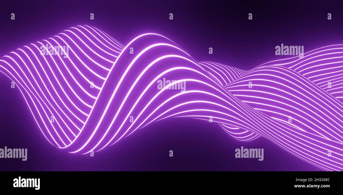 Glowing purple neon 3D waveform structure with stripes, abstract ...