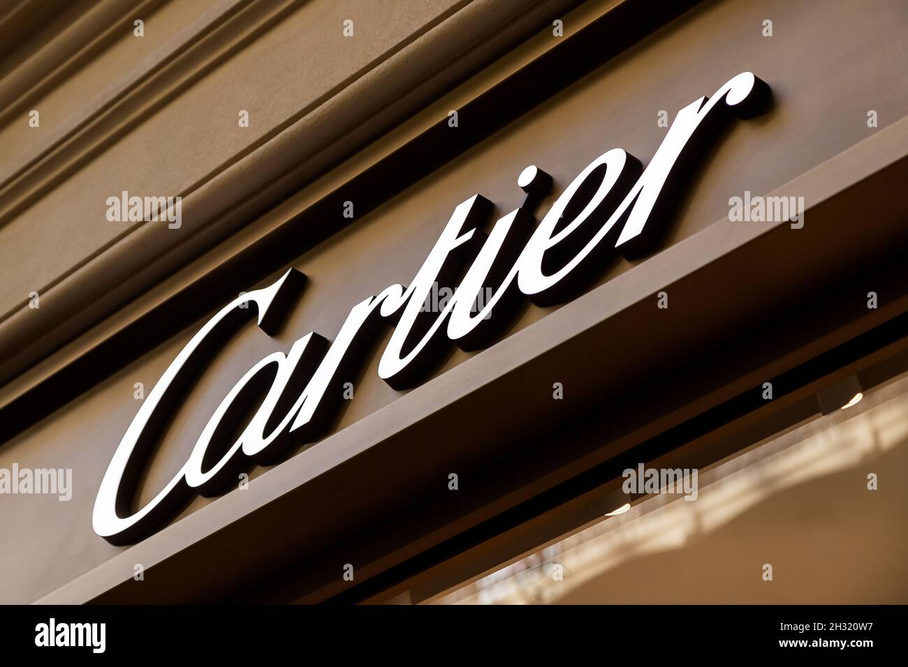 Moscow, Russia - October 14, 2021: Signboard of Cartier store. Cartier ...