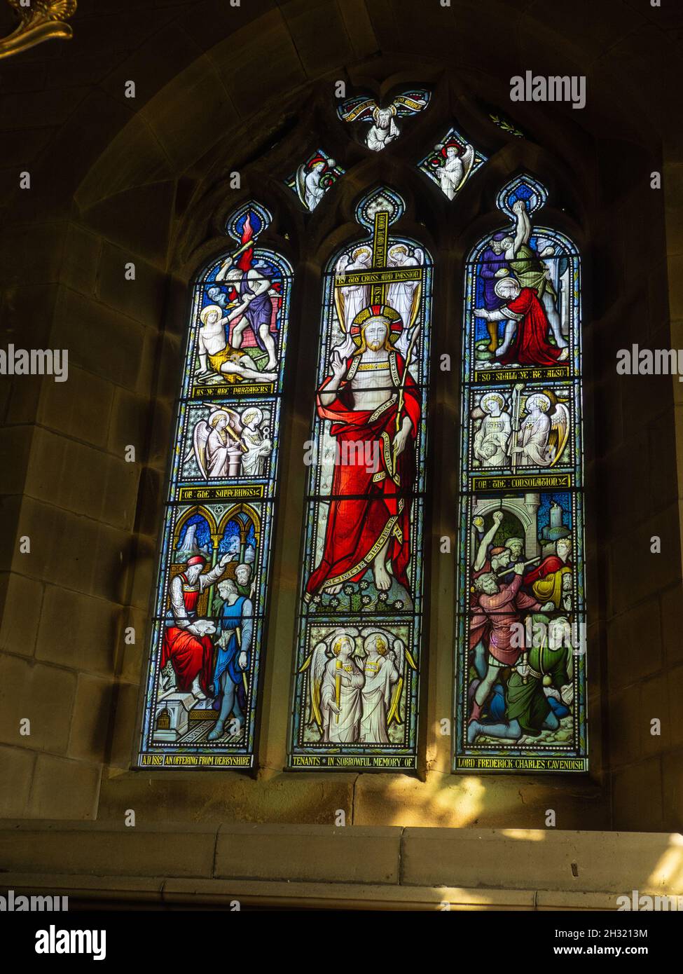 Stained glass window in the church of St Peter, Edensor, Derbyshire, UK ...