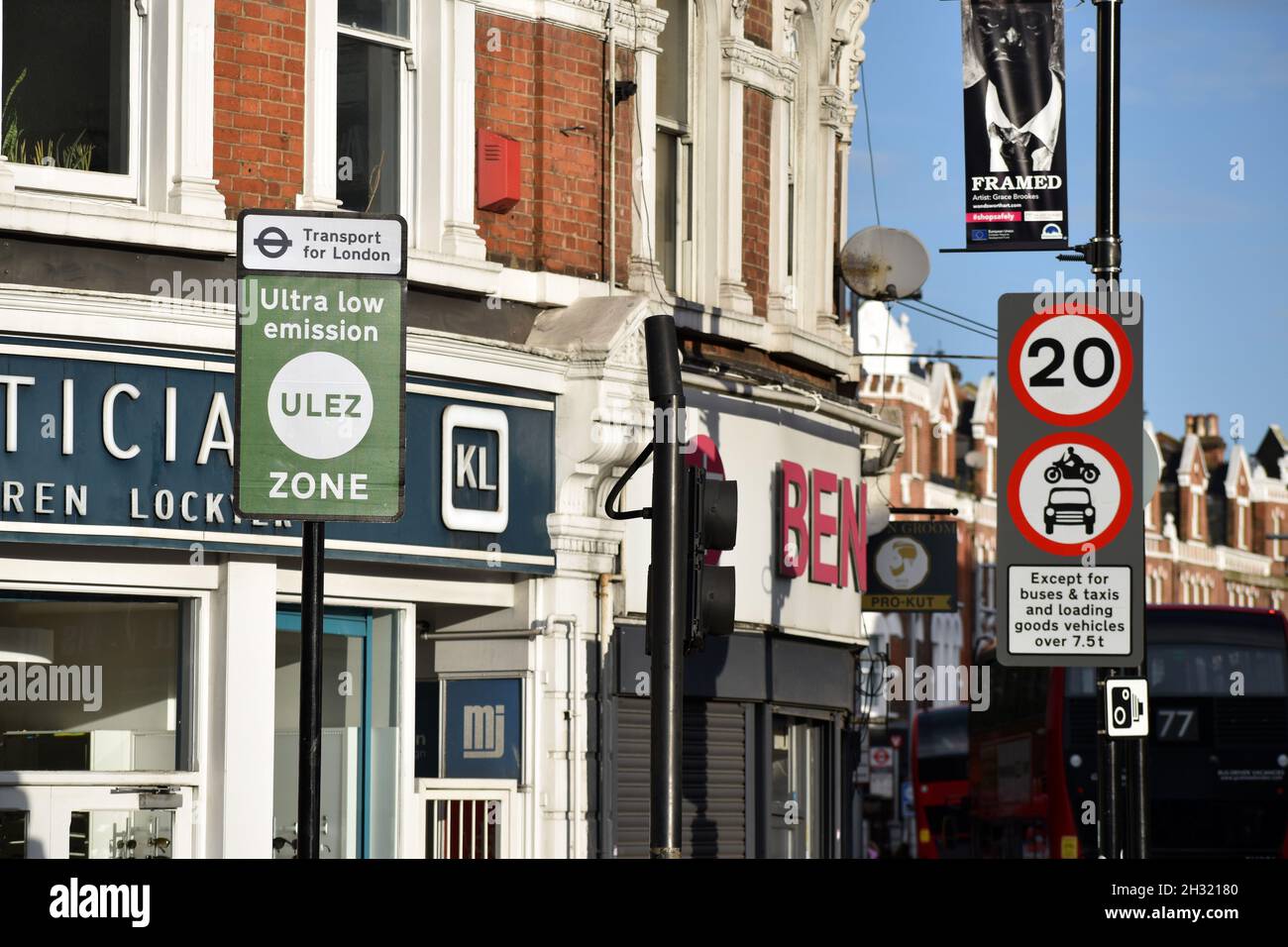 London, UK, 25 Oct 2021 St John's Road where the ULEZ extension begins ...