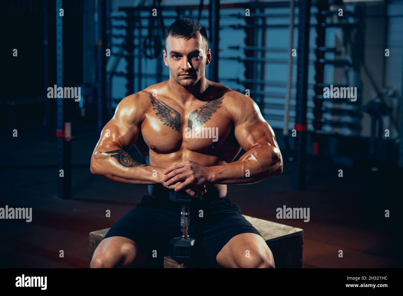 Young man, bodybuilder posing at sport gym, indoors. Concept of sport ...