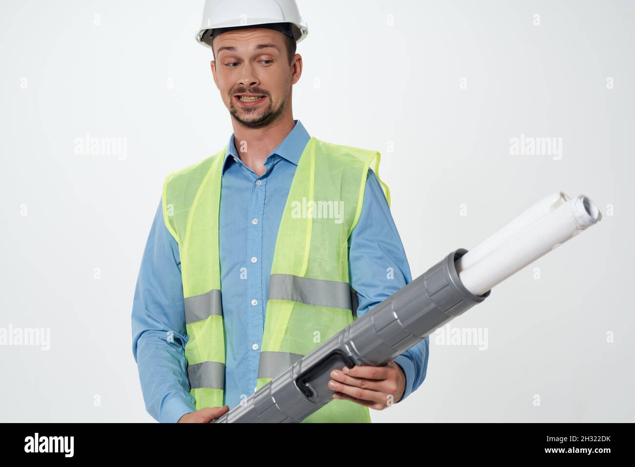 Man in working form construction work isolated background Stock Photo ...