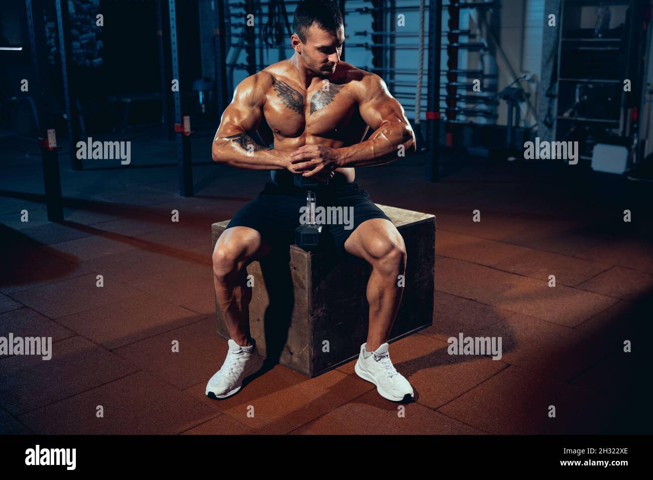 Image of young man, bodybuilder training with dumbbells at modern sport ...