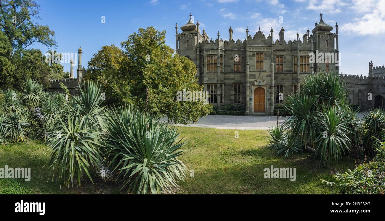 Vorontsov Palace in Alupka, Crimea. Panoramic view of castle with blue ...