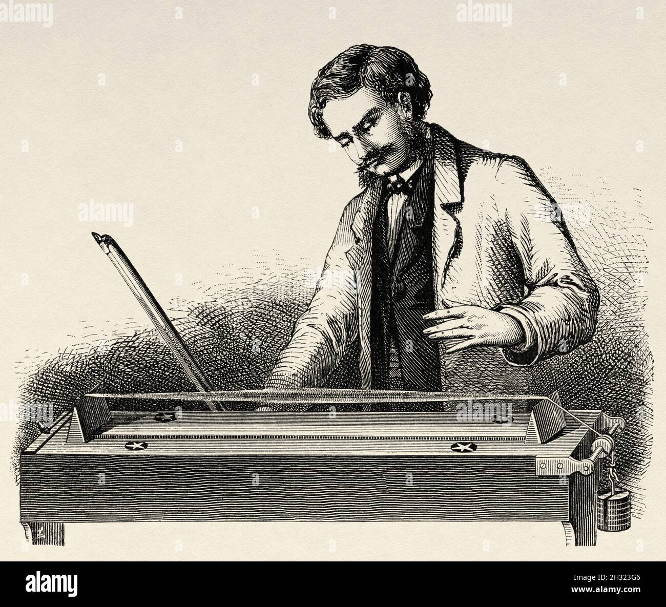 Acoustic experiments, transverse vibrations of a sound string. Old 19th ...