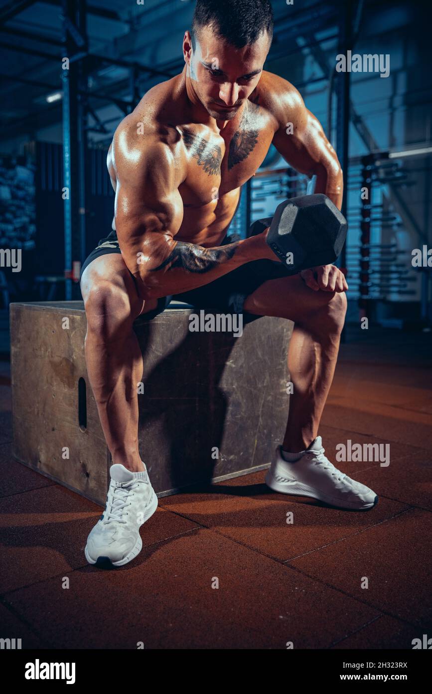 Image of young man, bodybuilder training with dumbbells at modern sport ...