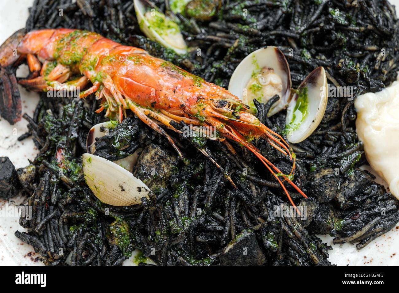 Close-up of delicious squid ink black noodles with king prawn on white ...