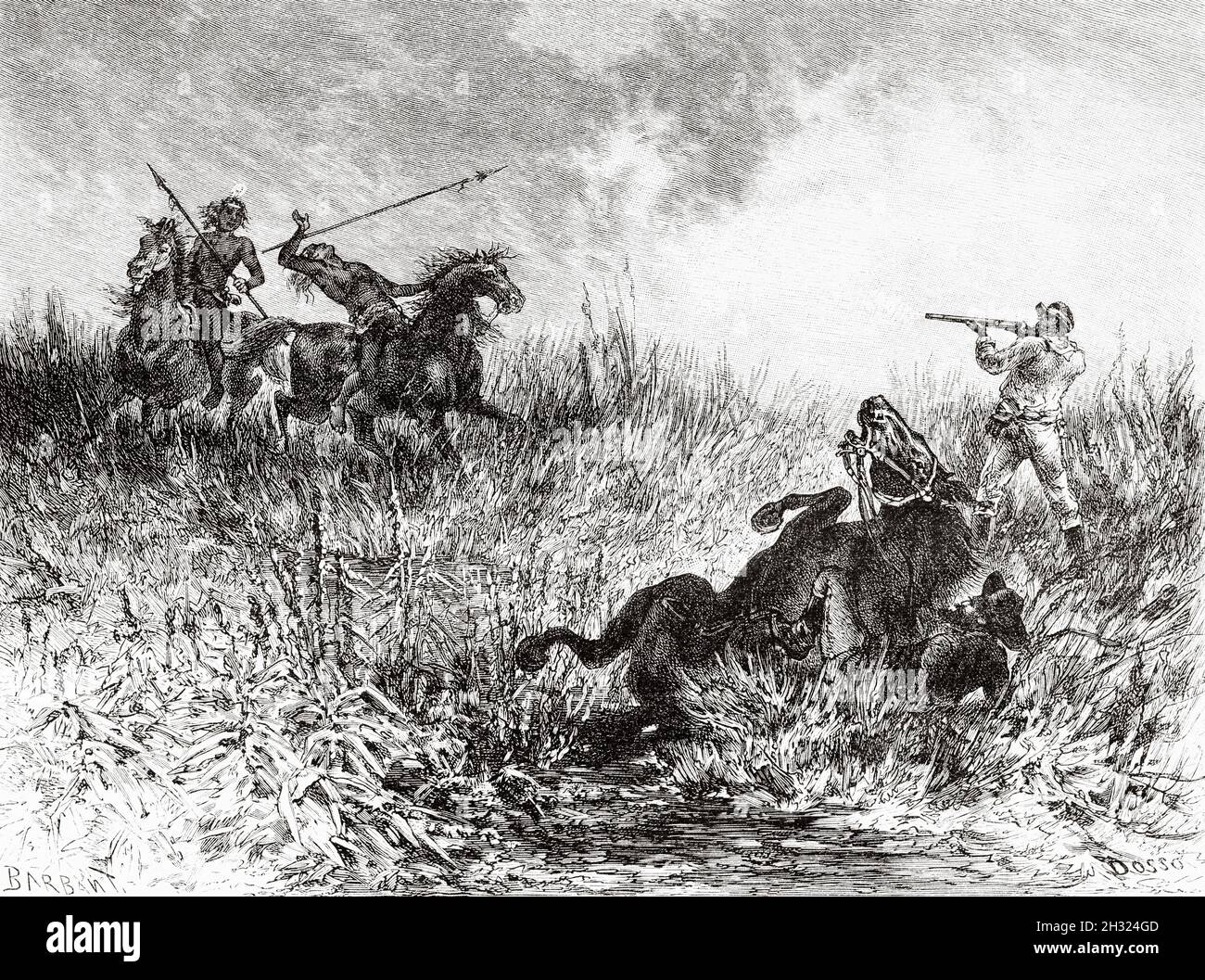 The battle against the tobas natives. Paraguay, South America. Old 19th ...