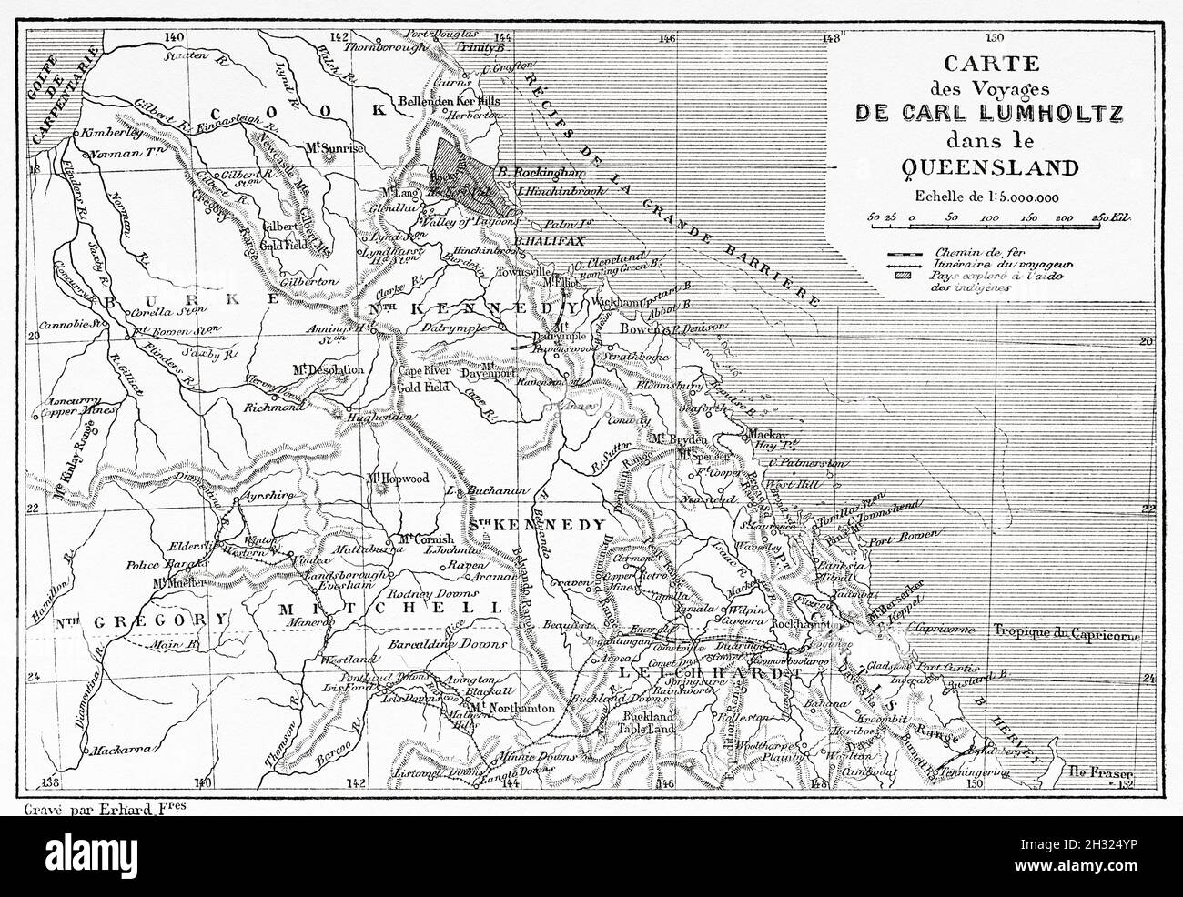 Map of Queensland from Lumholtz trip to Australia. Old 19th century ...