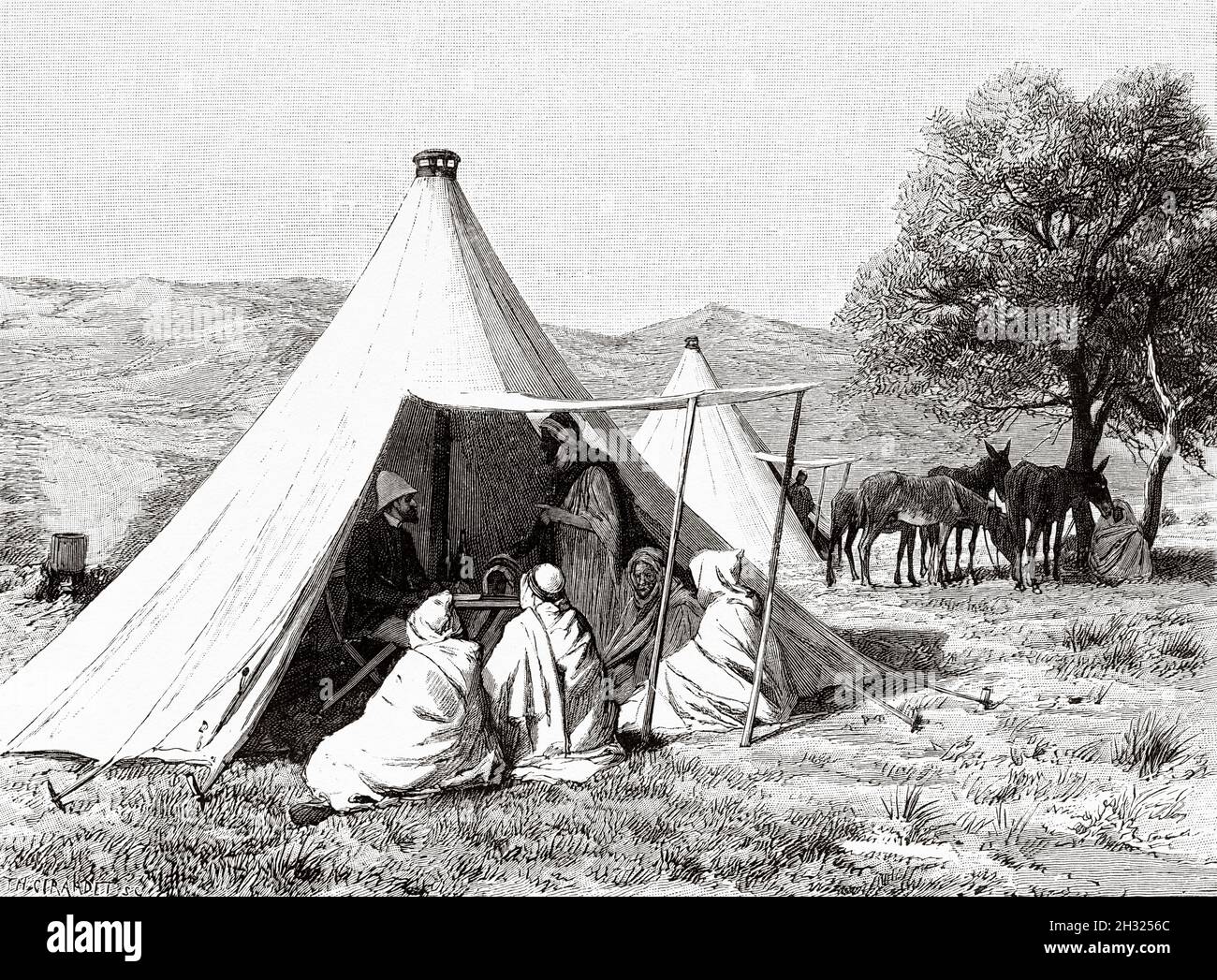 Expedition camp. Traras mountains, Northwest Algeria, Africa. Old 19th ...