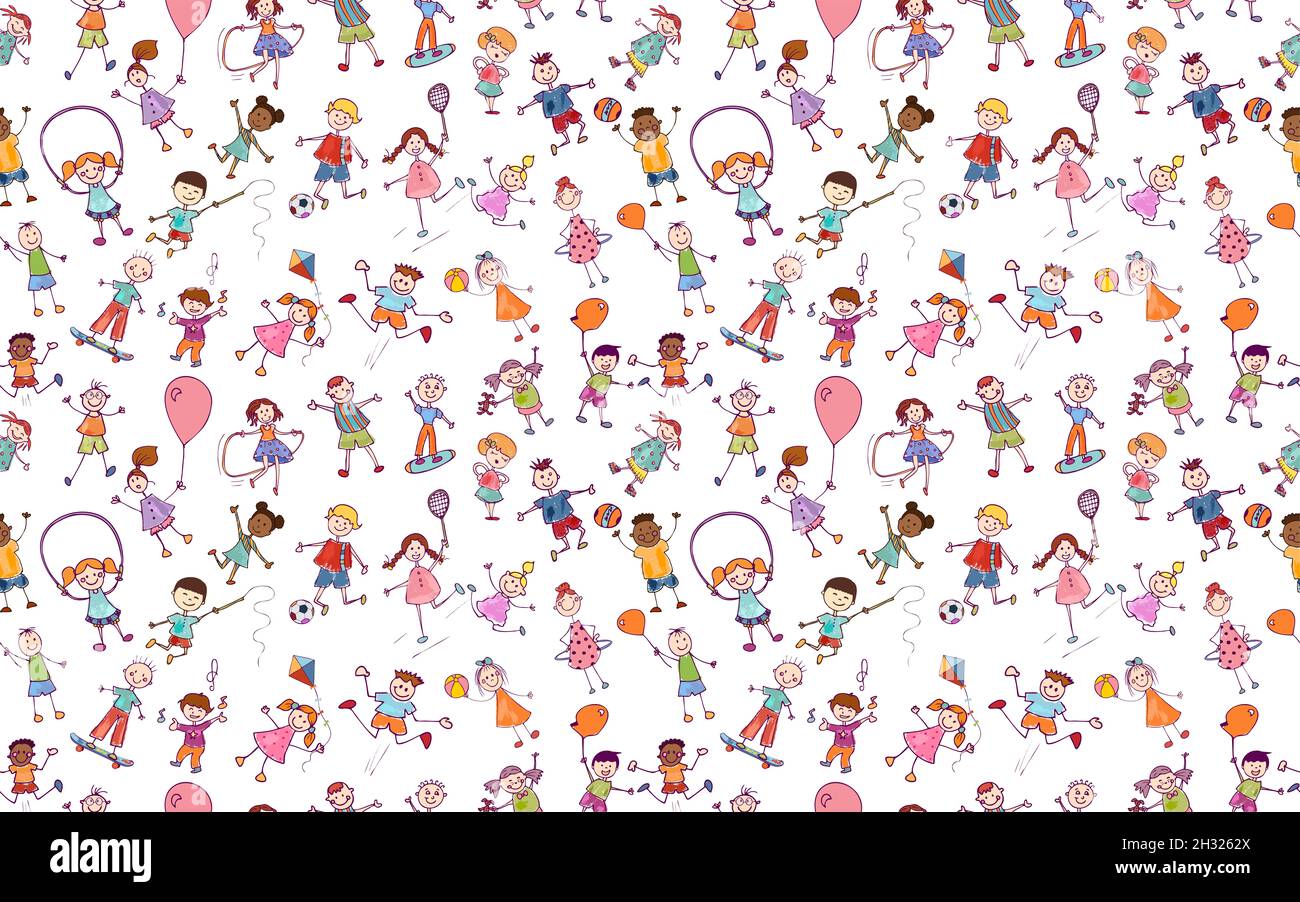 Seamless pattern active and joyful multicultural cute funny kids drawn ...