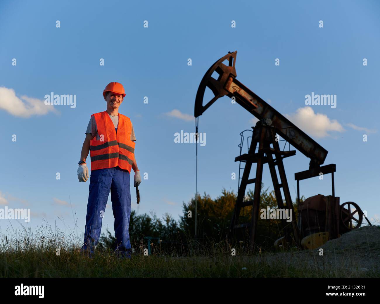 Smiling geologist mechanic in workwear and construction helmet standing ...