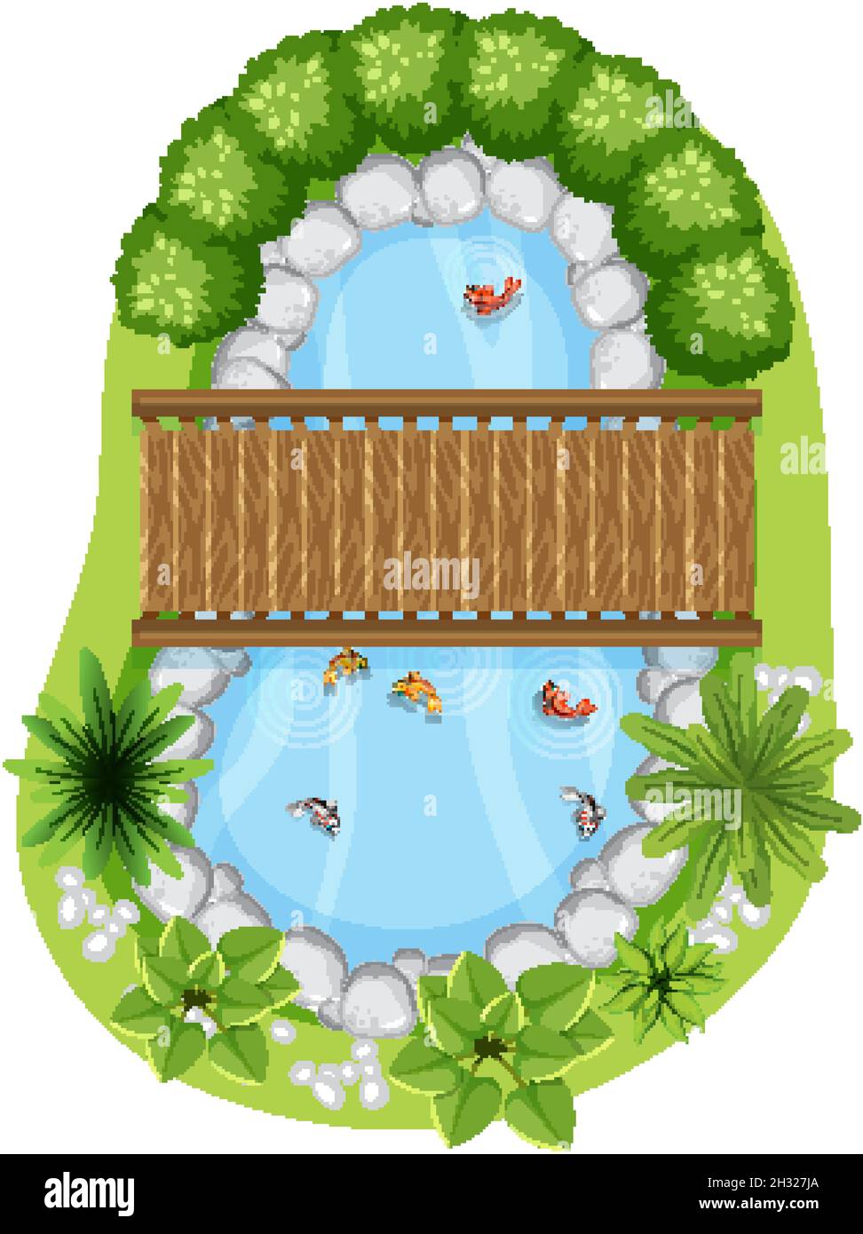 Aerial view with wooden bridge on nature pond illustration Stock Vector ...