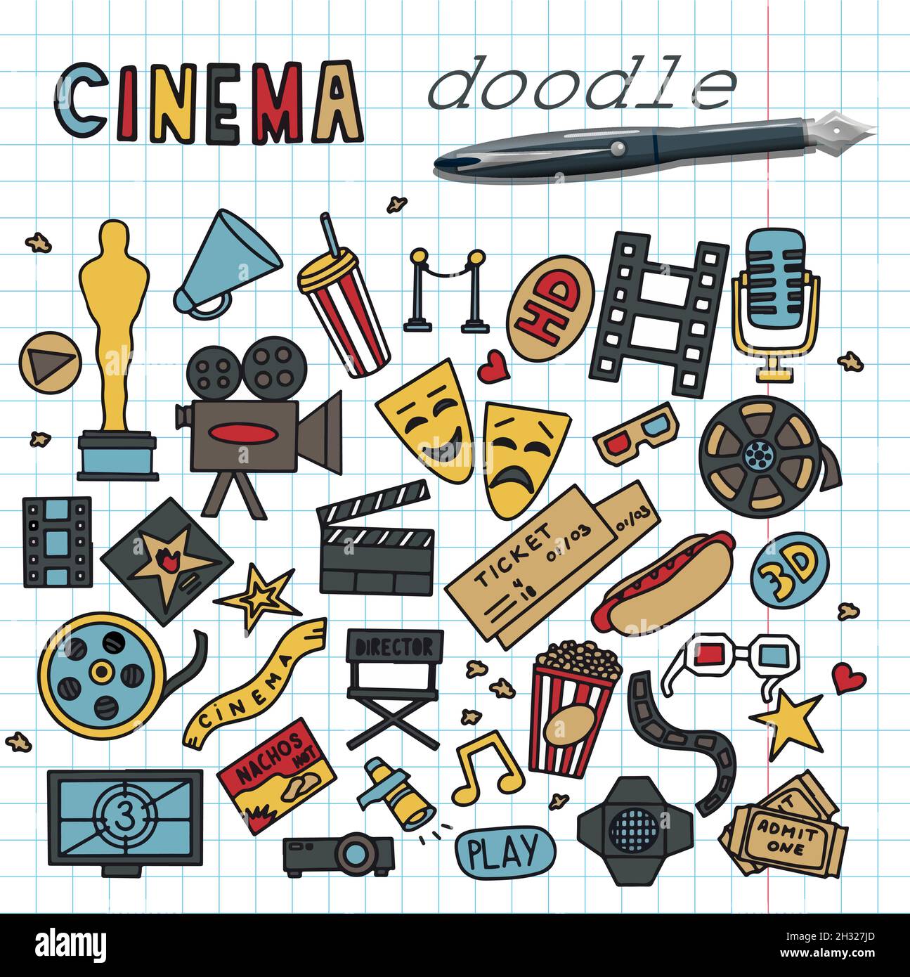 Cinema, TV Shows, Series and Movies Funny Doodle Vector set. Hand drawn ...