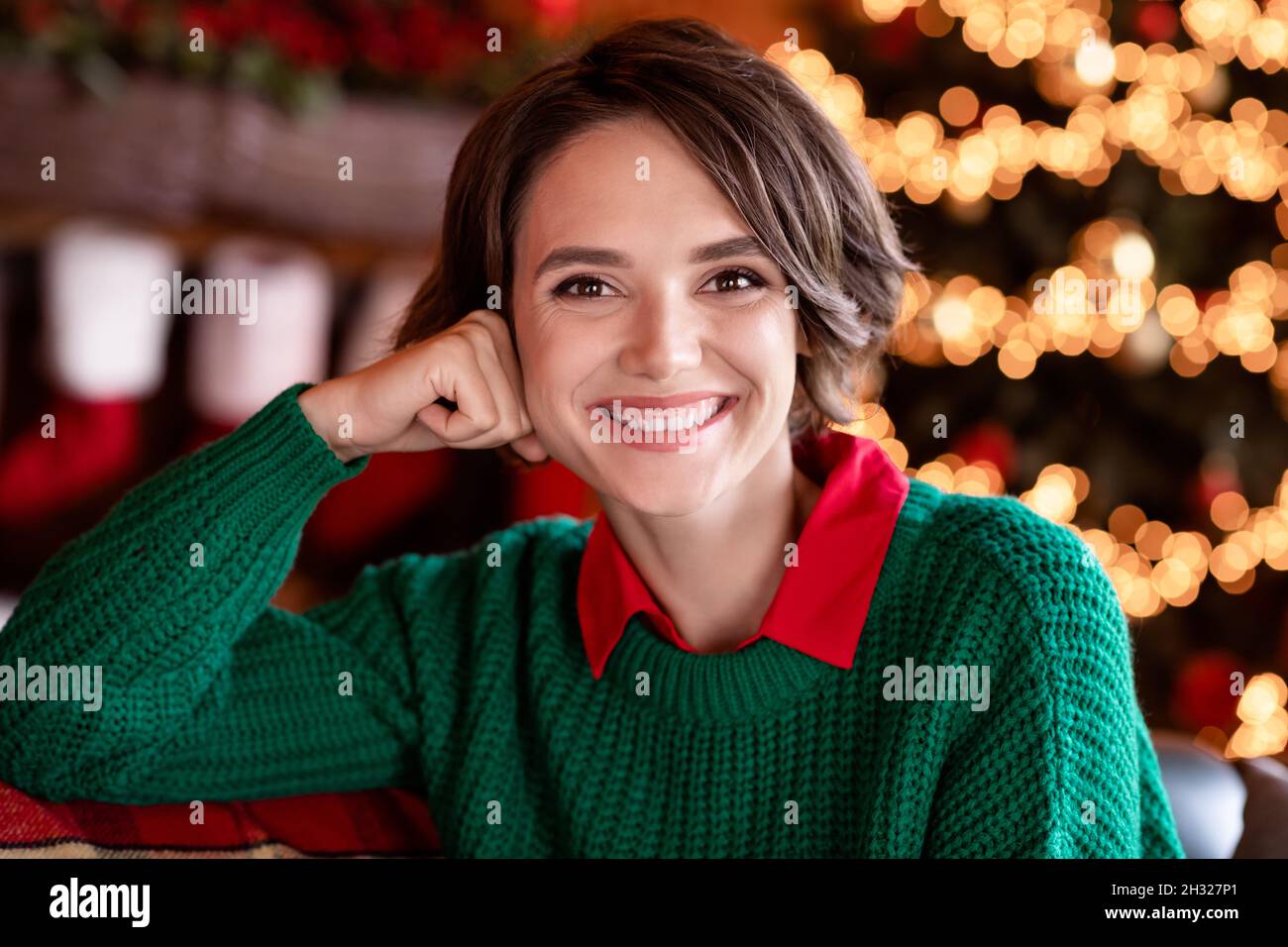 Photo Of Sweet Shiny Young Woman Dressed Knitted Sweater Arm Cheek