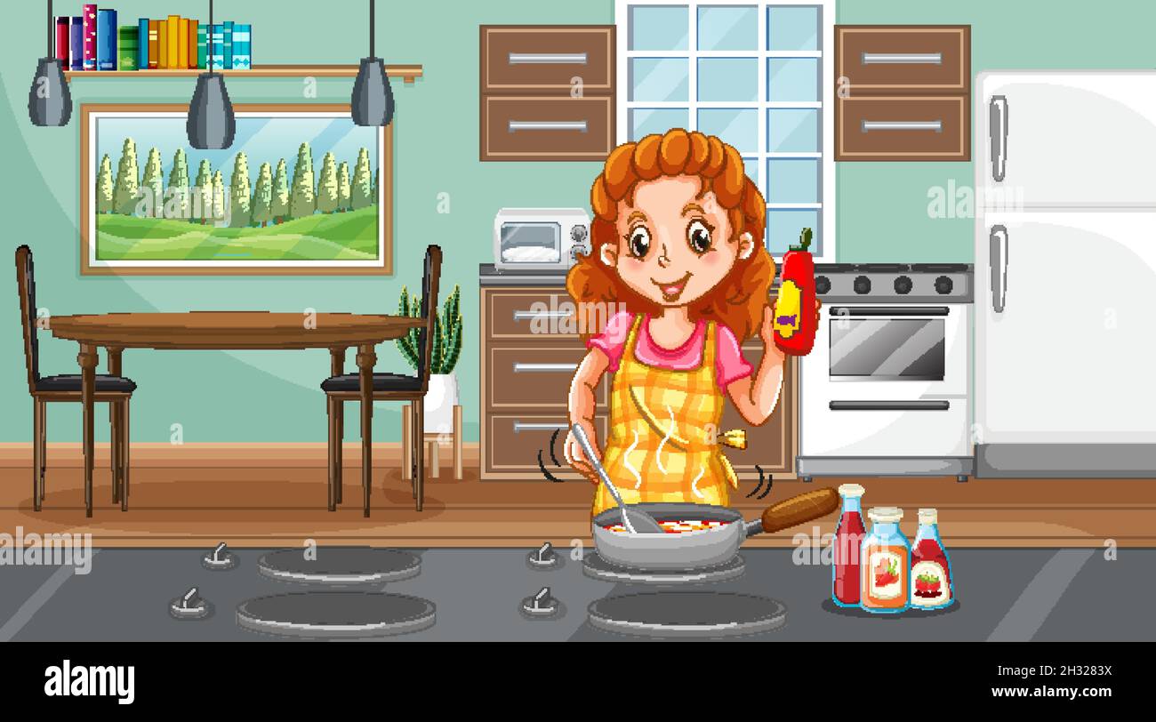 A happy woman cooking in the kitchen scene illustration Stock Vector ...