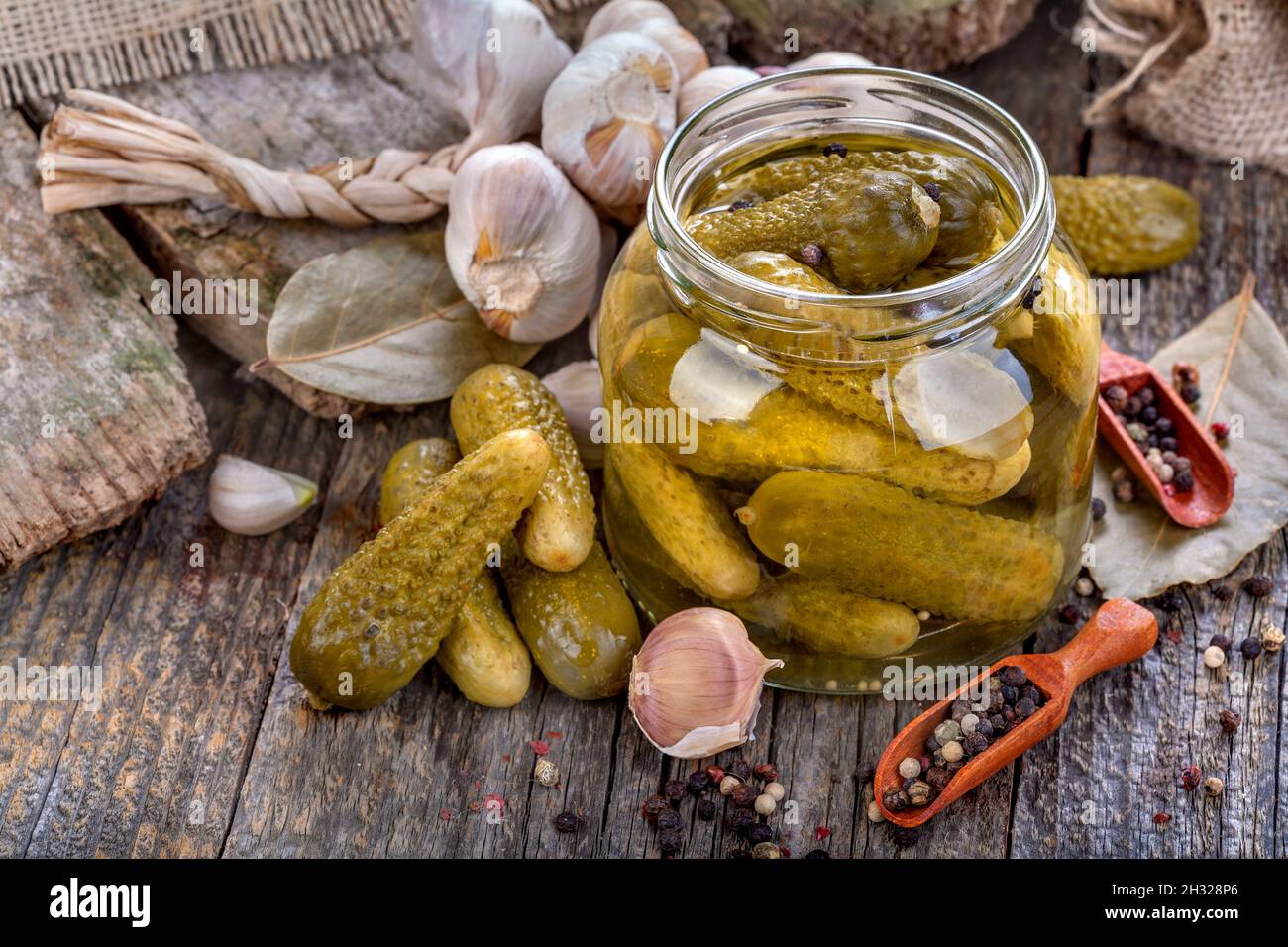 canned and preserved fresh homemade pickles in glass jar Stock Photo ...