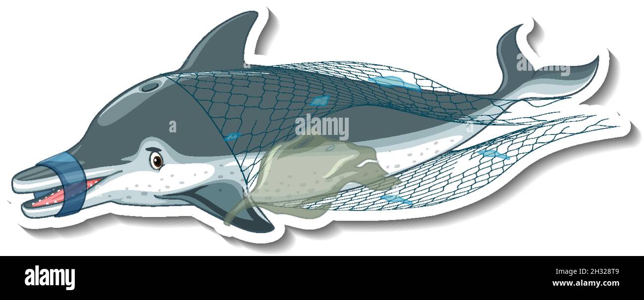 Dolphin stuck in plastic net on white background illustration Stock ...