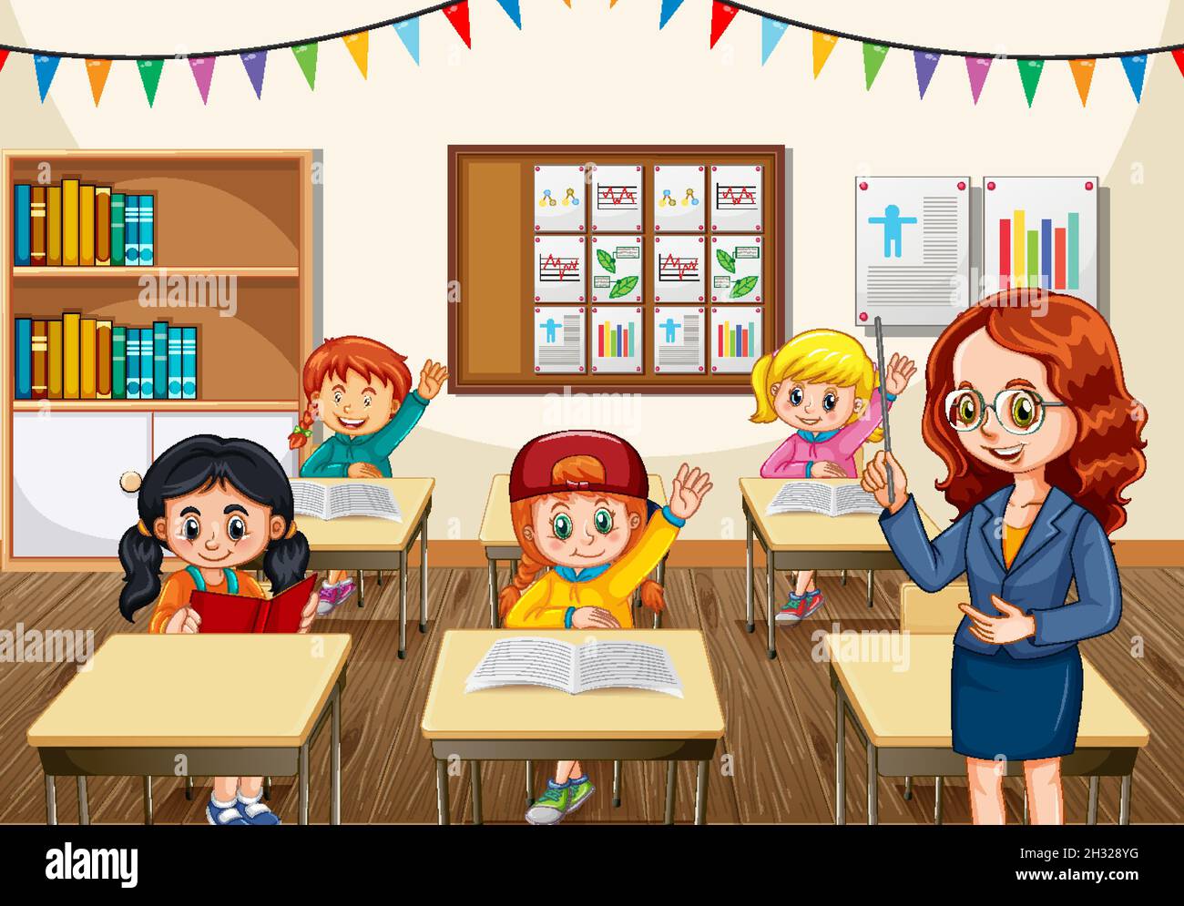 Teacher teaching students in the classroom scene illustration Stock ...