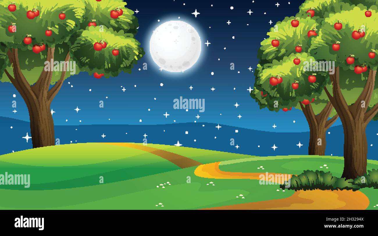 Blank nature park landscape scene at night time illustration Stock ...