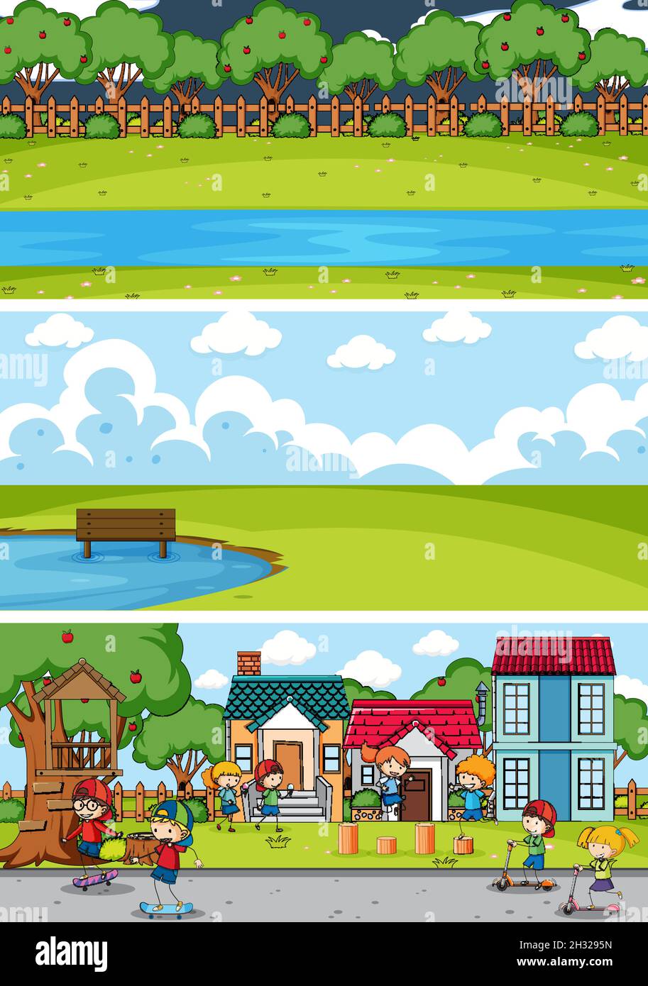Set of different horizontal scenes background with doodle kids cartoon ...