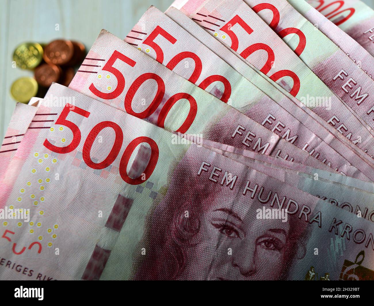 Swedish krona banknotes and the coins in the background Stock Photo - Alamy
