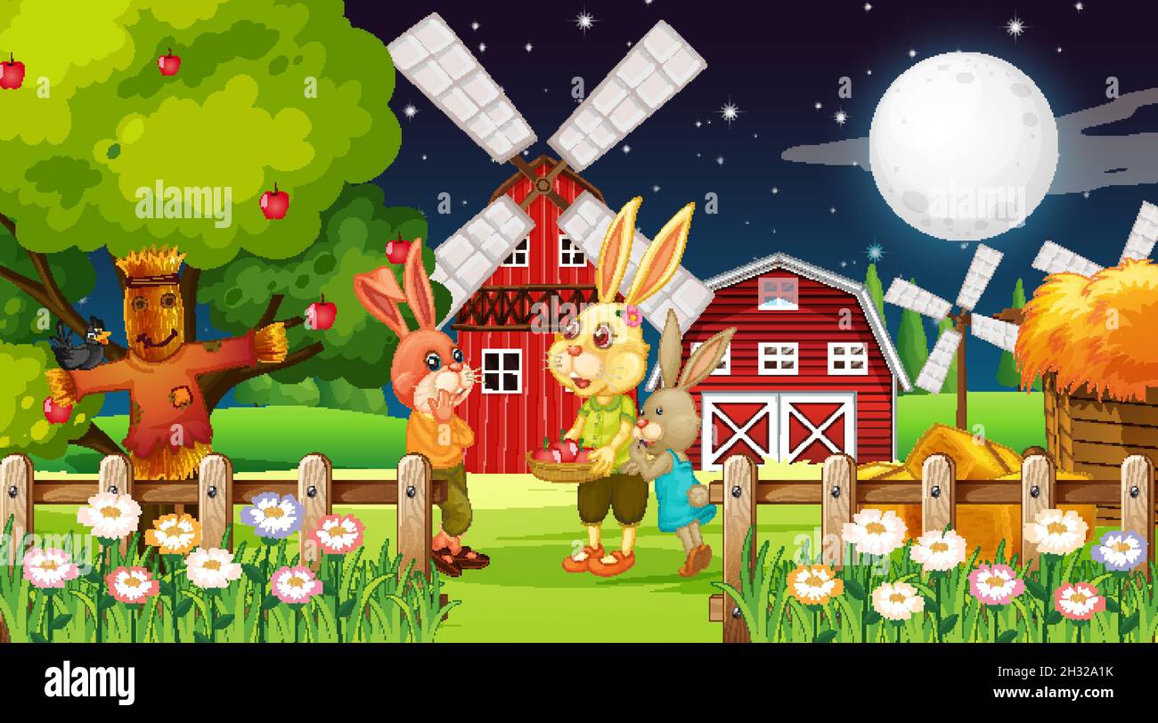 Farm at night scene with rabbit family illustration Stock Vector Image ...