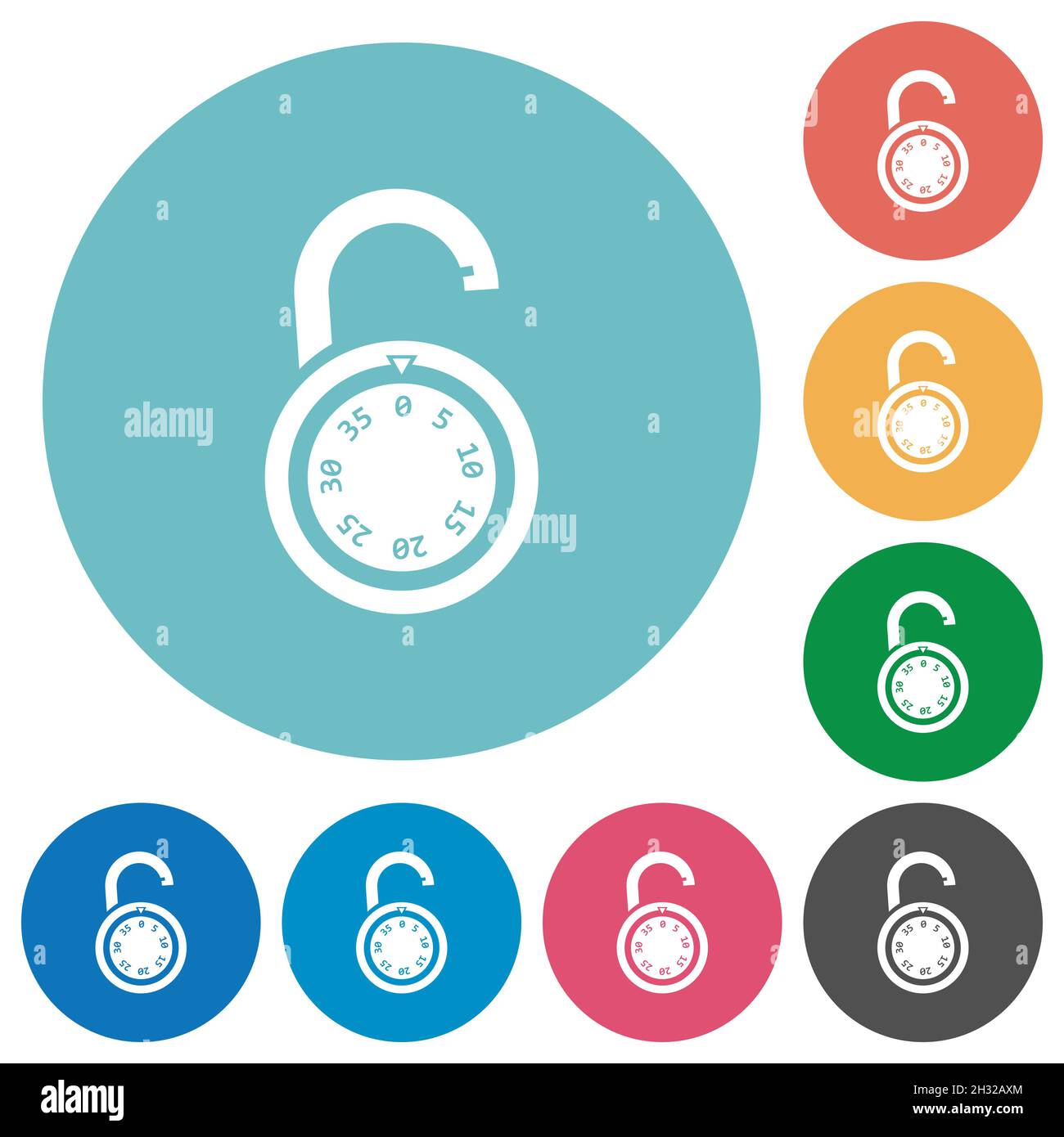 Unlocked round combination lock flat white icons on round color ...