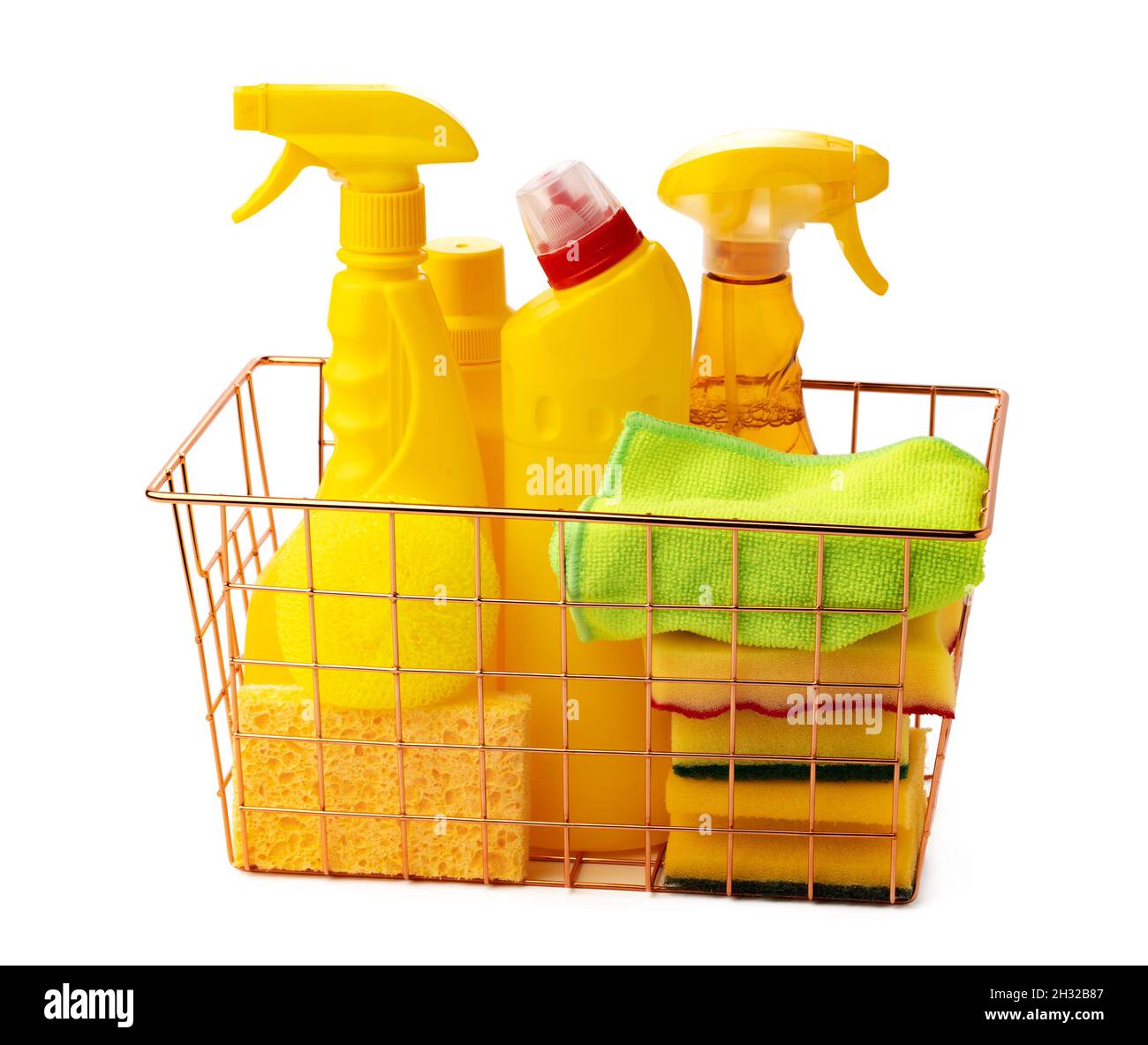 Cleaning items in basket isolated on white background Stock Photo - Alamy
